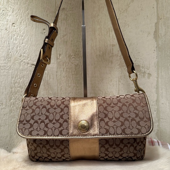 Coach | Bags | Coach Tan And Gold Signature Shoulder Bag | Poshmark